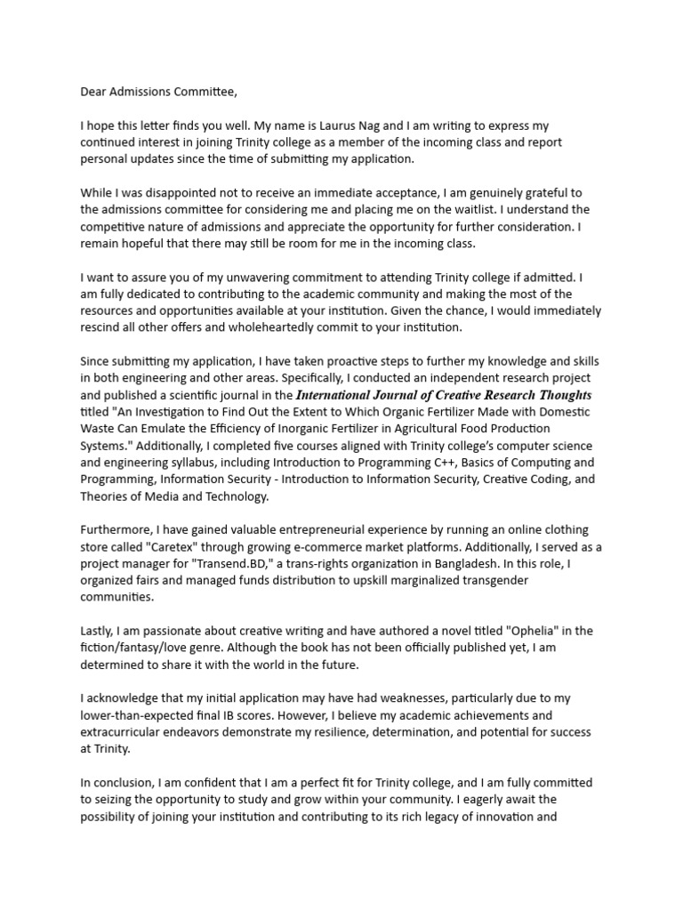 Continued Interest Letter for Trinity College | PDF | Science