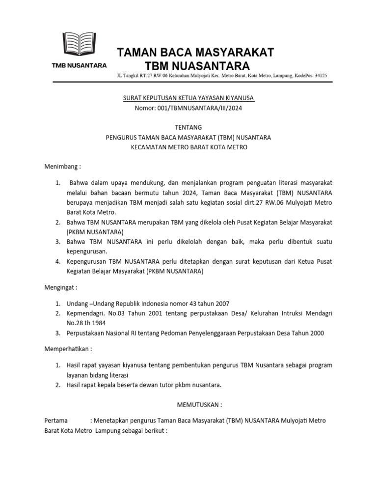 SK PENGURUS TBM NUSANTARA (1) (1) Revisi | PDF