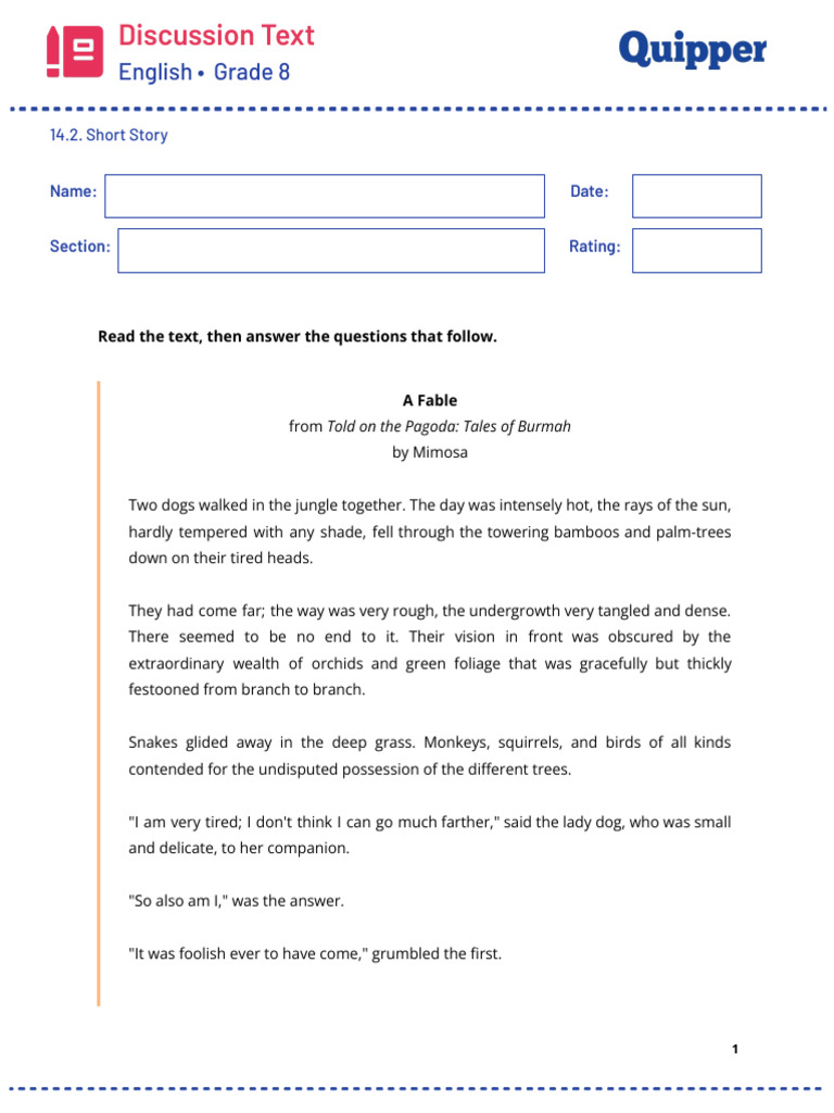 ME Eng 8 Q3 1402 DT Short Story A Fable | PDF | General Fiction
