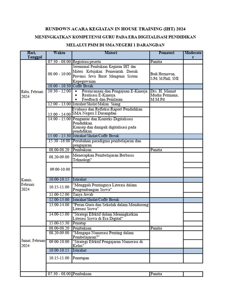 Rundown Acara Kegiatan in House Training | PDF