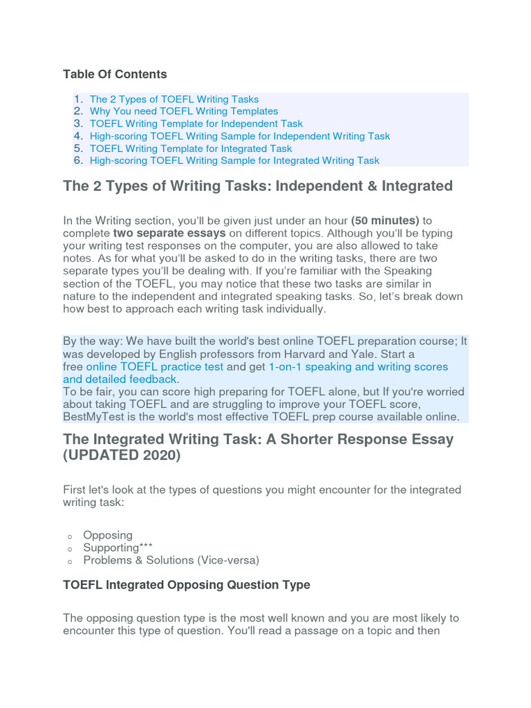 TOEFL Writting Tasks Templates | PDF | Essays | Advertising