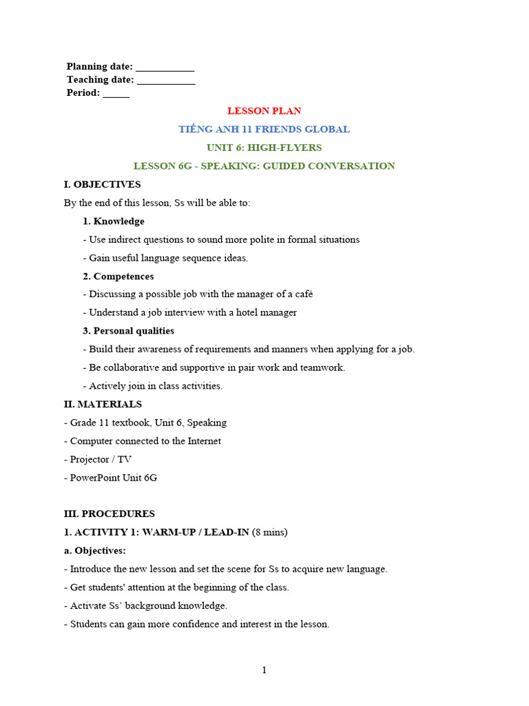 Lesson Plan Unit 6G - FRIENDS GLOBAL - GRADE 11 | PDF | Question | Learning