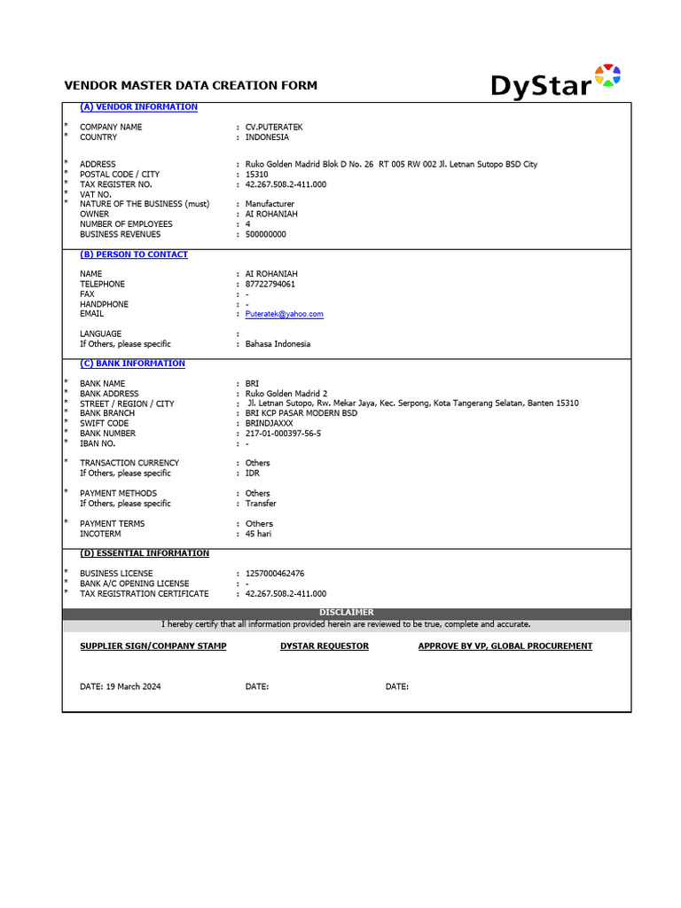 Vendor Master Data Creation Form | Download Free PDF | Economies ...