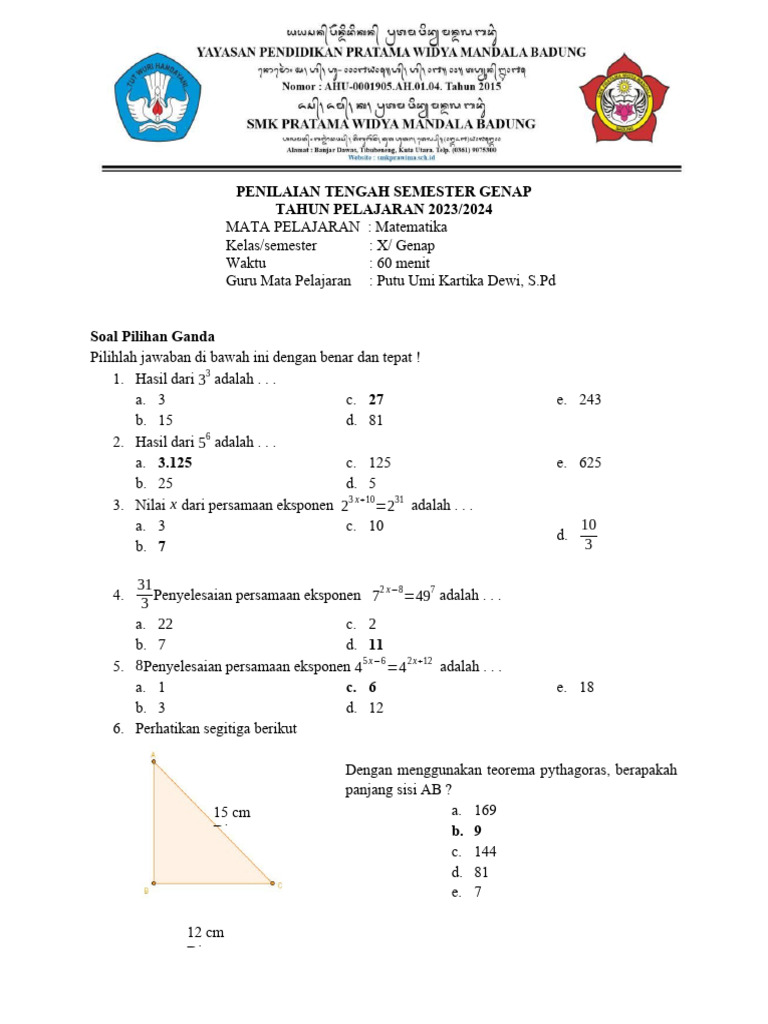 PTS Matematika Kelas X Semester Genap | PDF