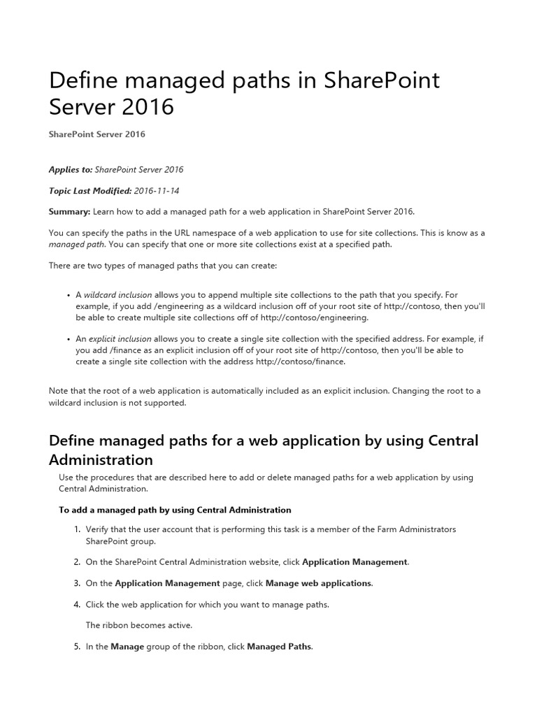 Define Managed Paths in SharePoint Server 2016 | PDF | World Wide Web | Internet & Web