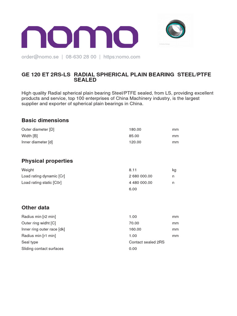 GE 120 ET 2RS-LS Spherical Bearing Specs | PDF