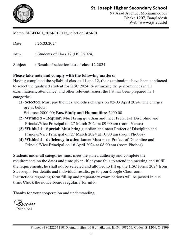HSC 2024 Selection Test Results | PDF | Educational Stages