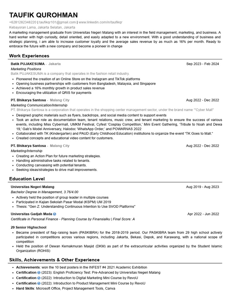 CV Taufik Qurohman | PDF | Business | Marketing