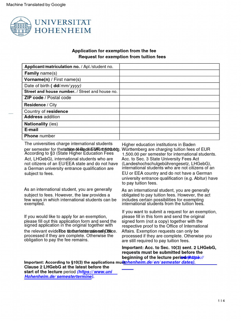 Tuition Fee Exemption Application | PDF | Notary Public | Fee