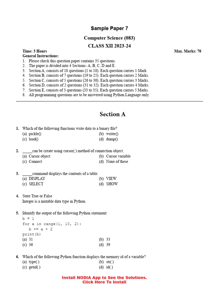 CS Sample Paper 7 | Download Free PDF | Computer File | Databases