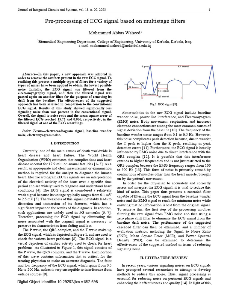 Pre-Processing of ECG Signal Based On Multistage Filters: Mohammed Abbas Waheed | PDF | Signal ...