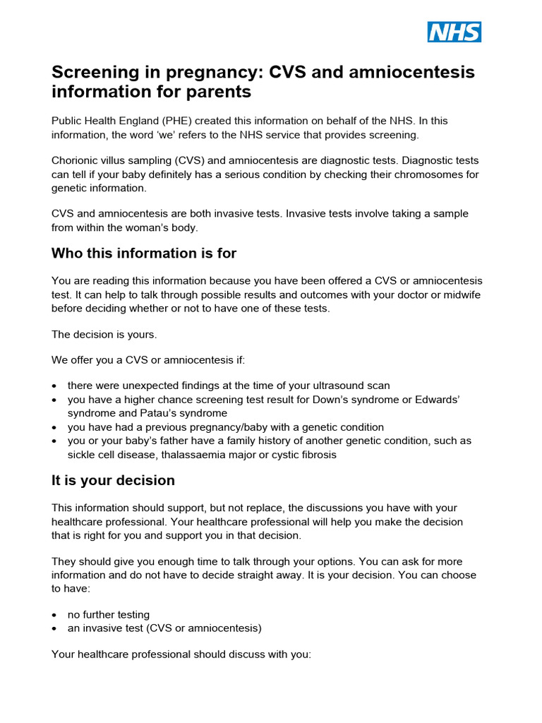CVS and Amniocentesis Guide for Parents | PDF | Miscarriage | Health ...