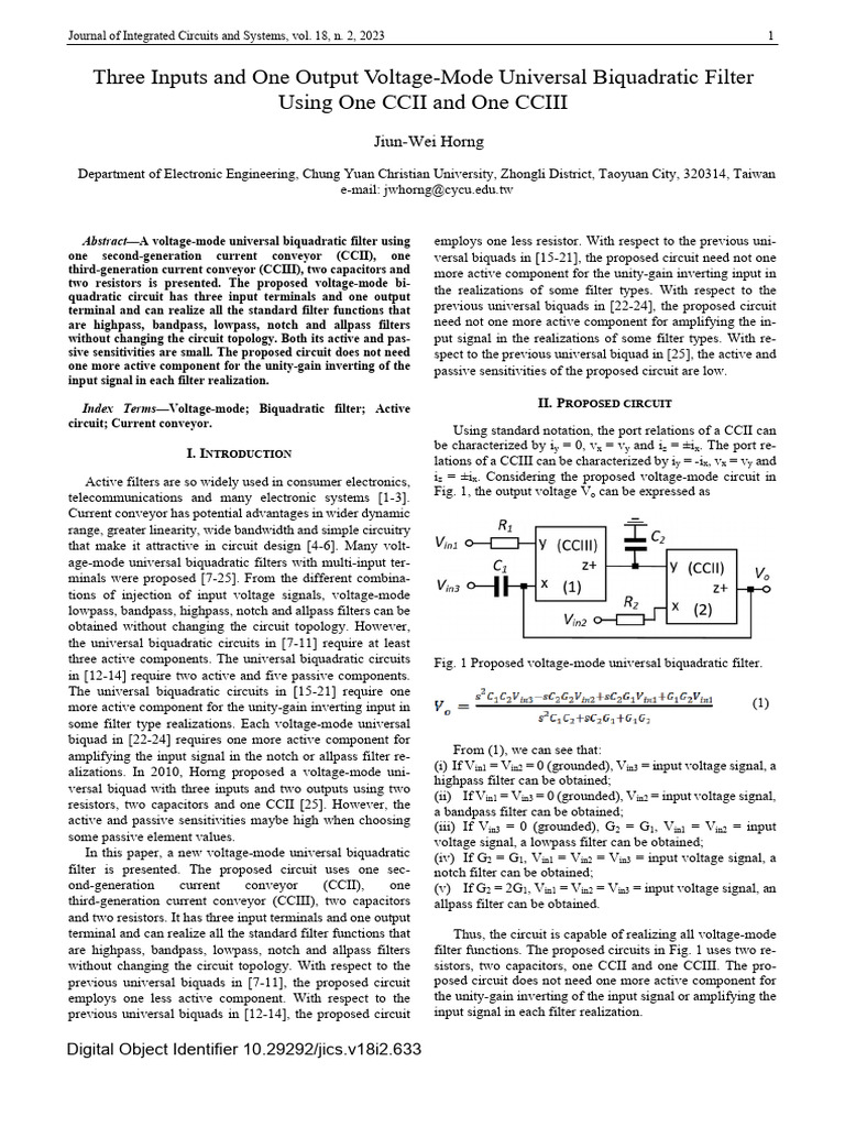Three Inputs and One Output Voltage-Mode Universal Biquadratic Filter Using One CCII and One ...