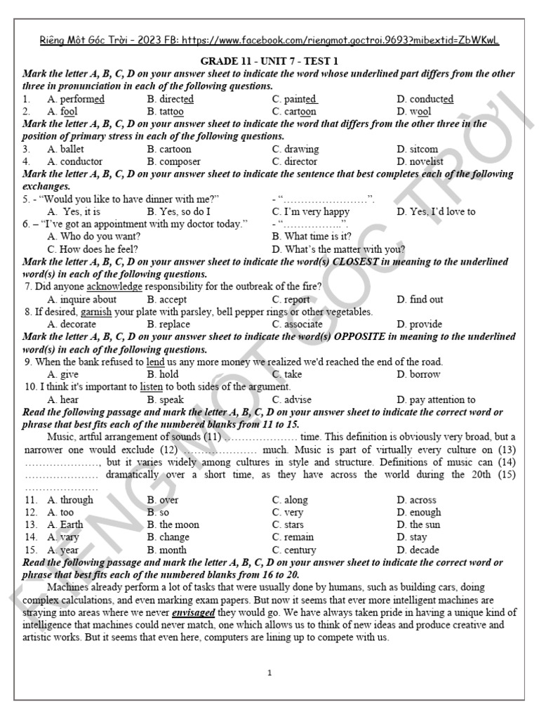 Unit 7 Test for Friends Global 11 | PDF | Art
