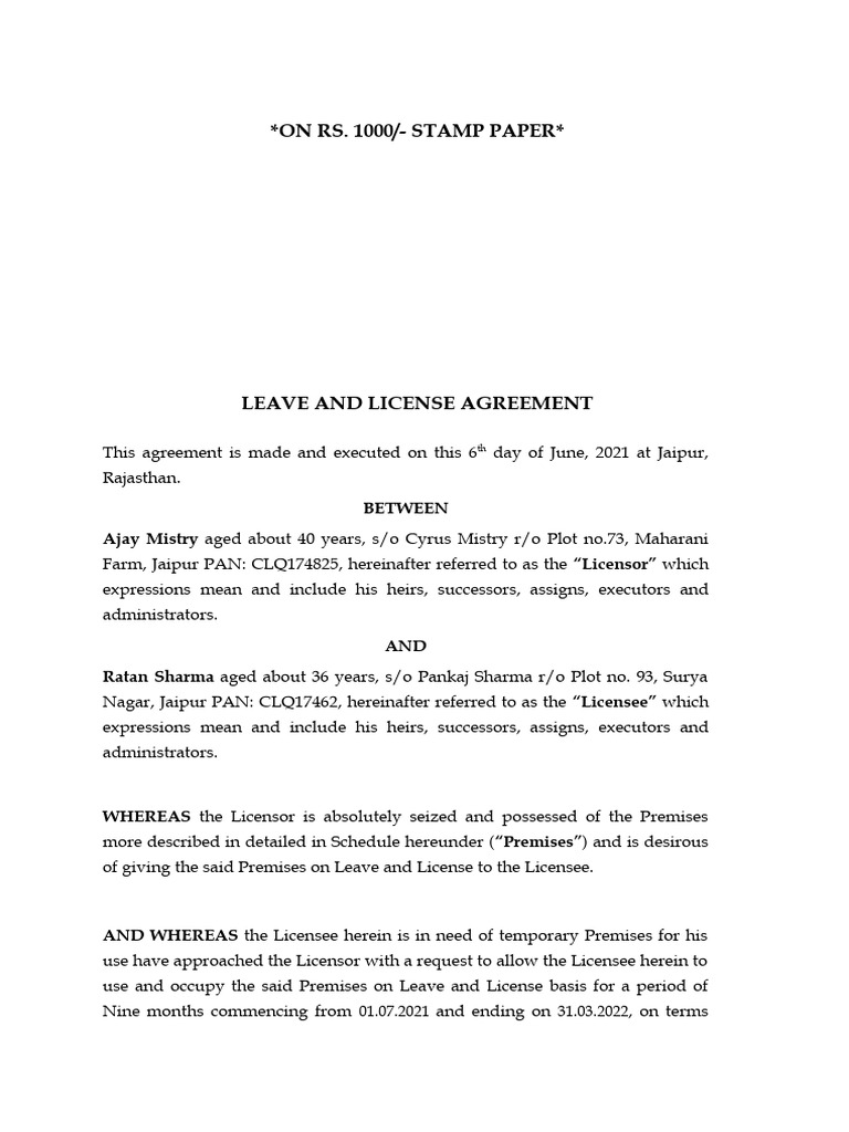 Leave and License Agreement | Download Free PDF | License | Landlord