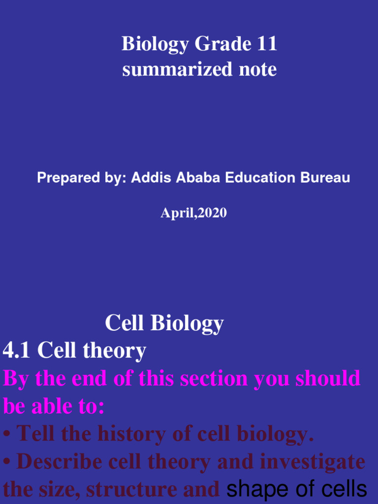 Biology Grade 11 Unit 4 Summarized Note | PDF | Cell (Biology) | Micrometre