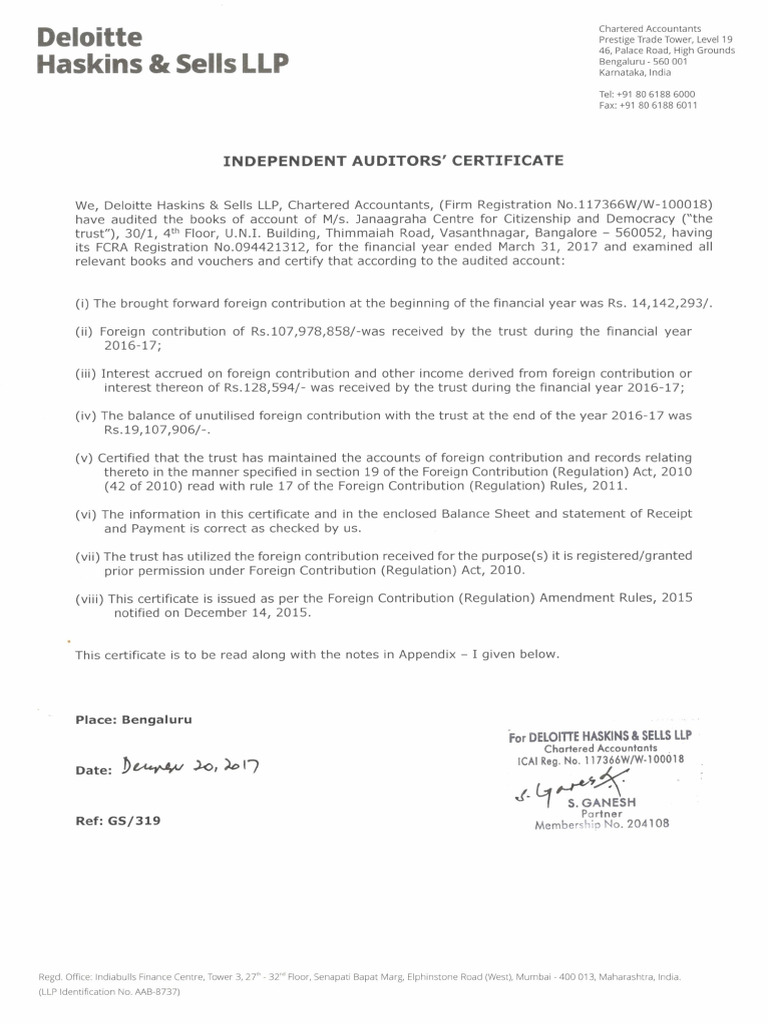 Deloitte FCRA Certificate | PDF