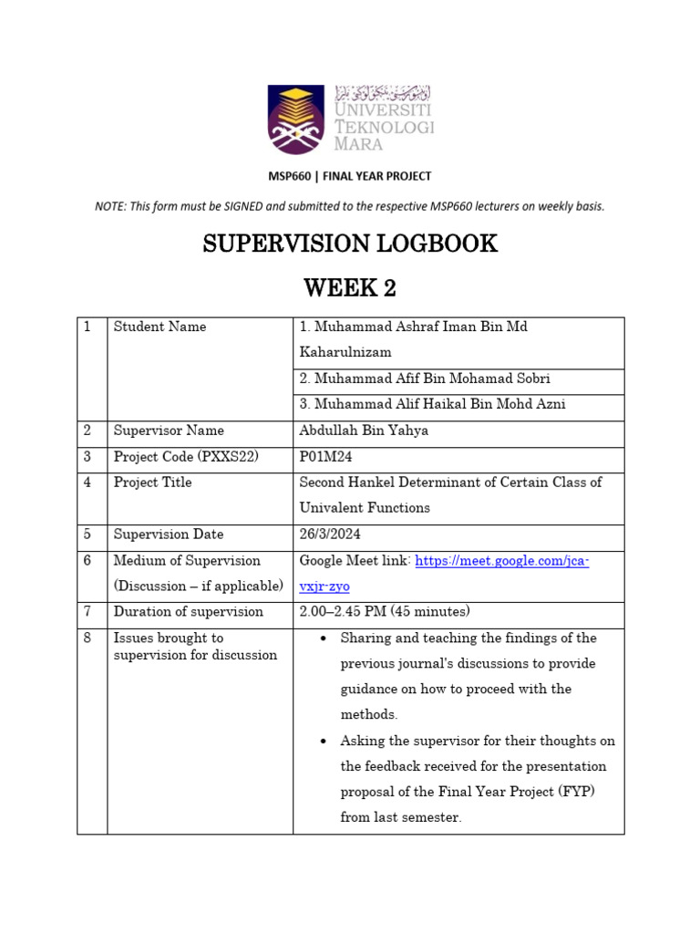 Supervision Logbook-Msp660 - Math (Week 2) | PDF