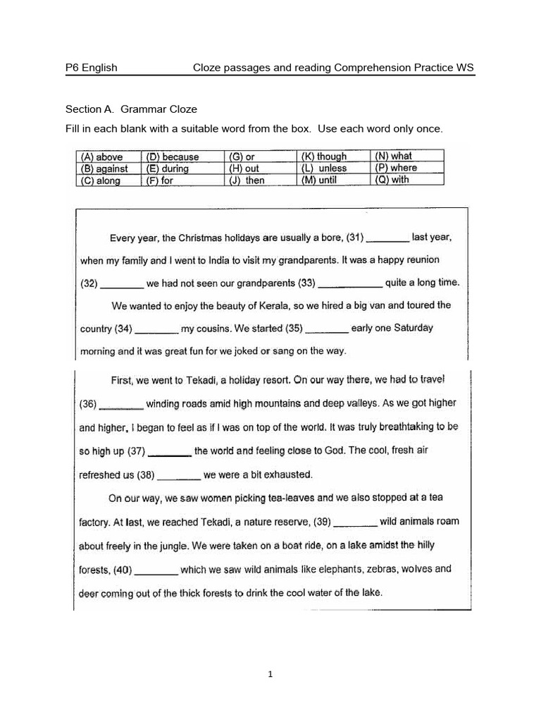 P6 English Cloze Passage Practice | PDF