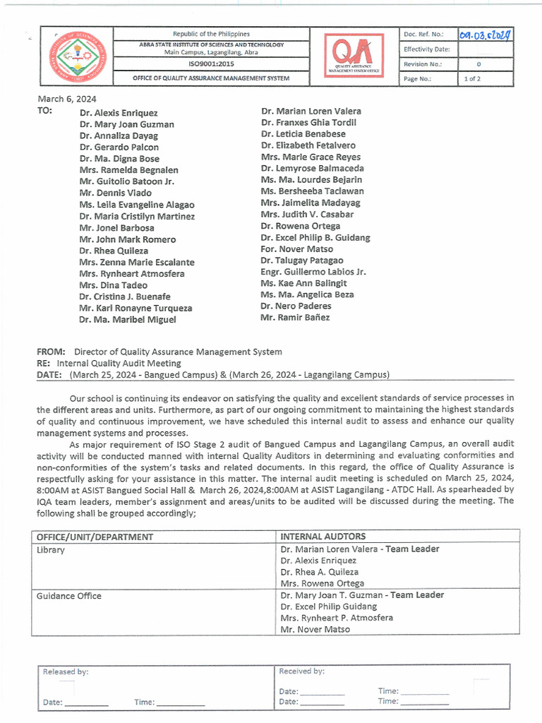 Memo To Attend Internal Quality Audit 1 | PDF