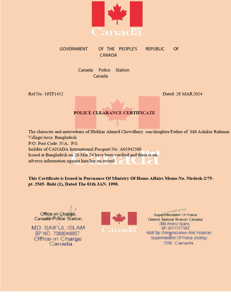 Canada Police Clearance Certificate | PDF