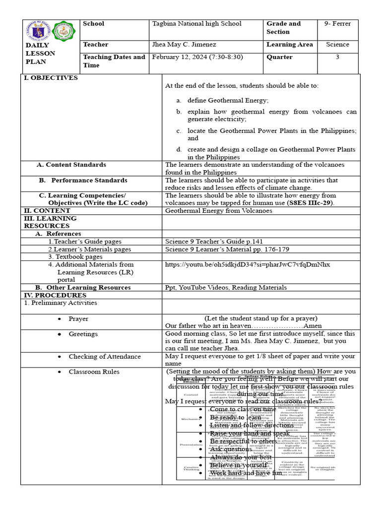 Daily Lesson Plan For Ste 9 Week 4 | PDF | Geothermal Energy | Power ...