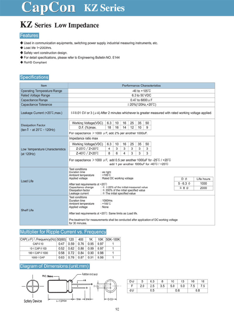 CapCon (Radial Thru-Hole) KZ Series | PDF