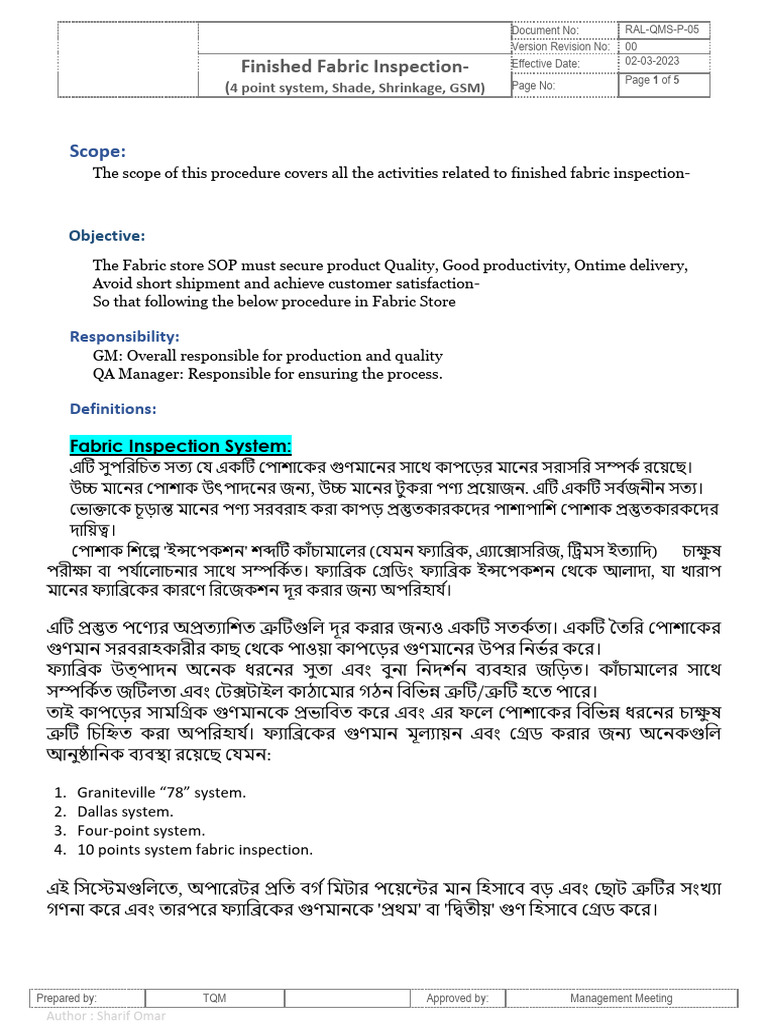 Fabric Inspection Procedure - Bangla Version | PDF