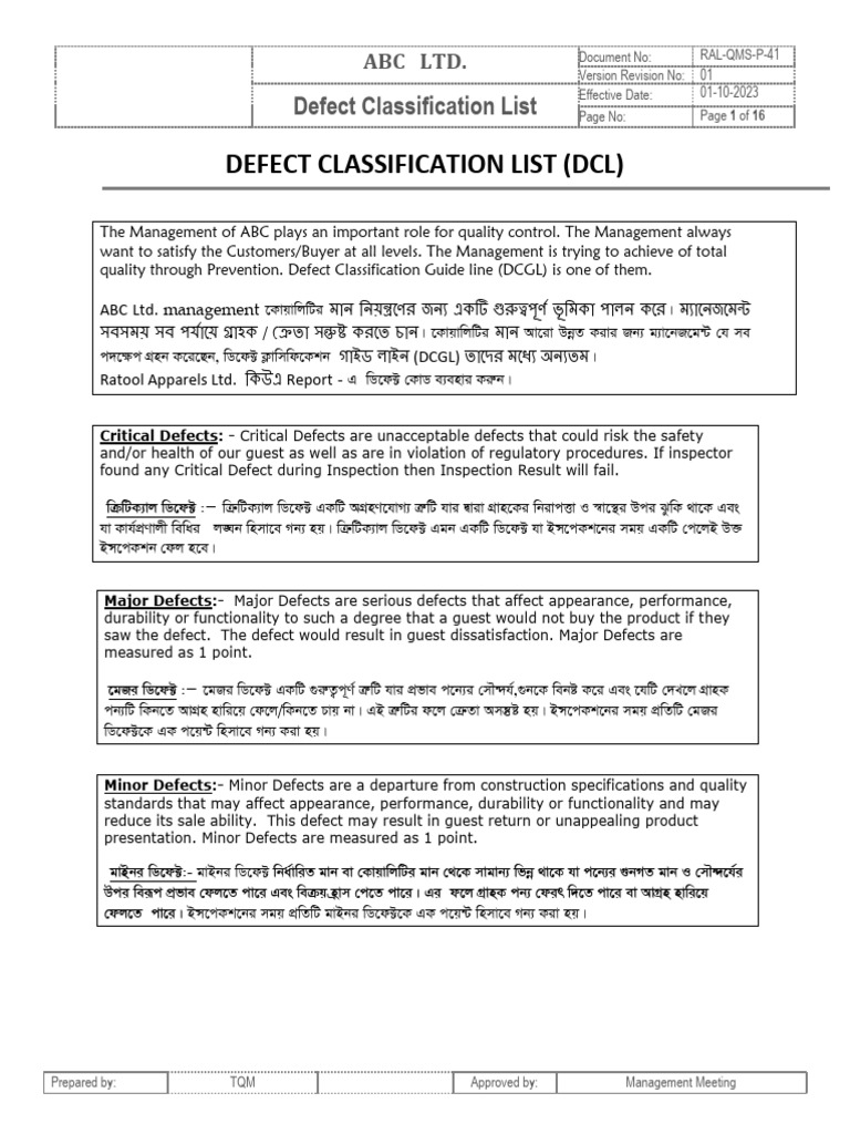 Defects Classification List (DCL) | PDF | Knitting | Textiles