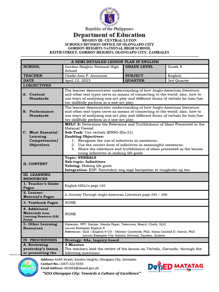 Grade 9 English Lesson Plan on Infinitives | PDF | Adverb | Adjective
