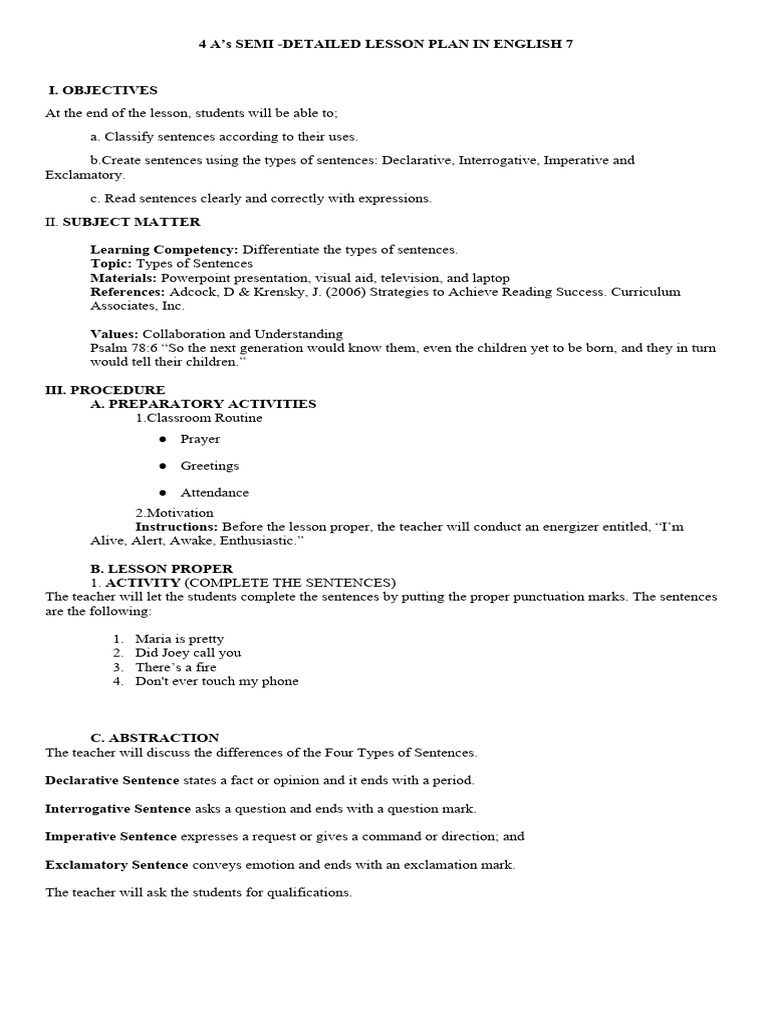 4A's Lesson Plan: Types of Sentences | PDF | Sentence (Linguistics ...