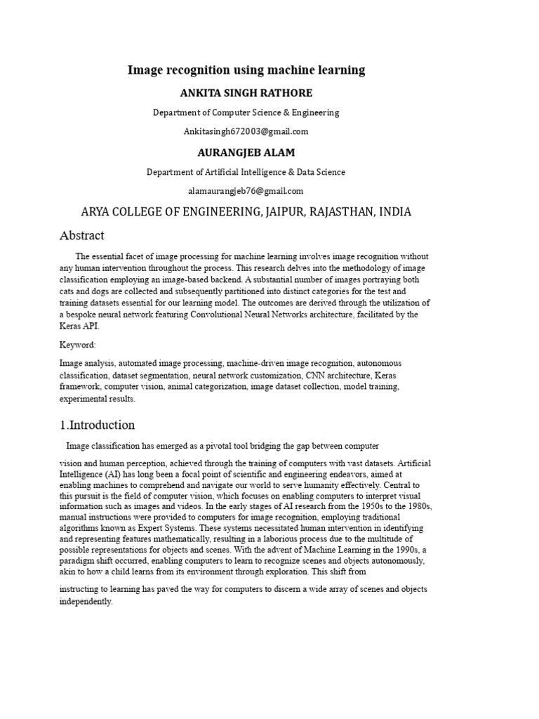 Image Recognition Using Machine Learning Research Paper | PDF ...