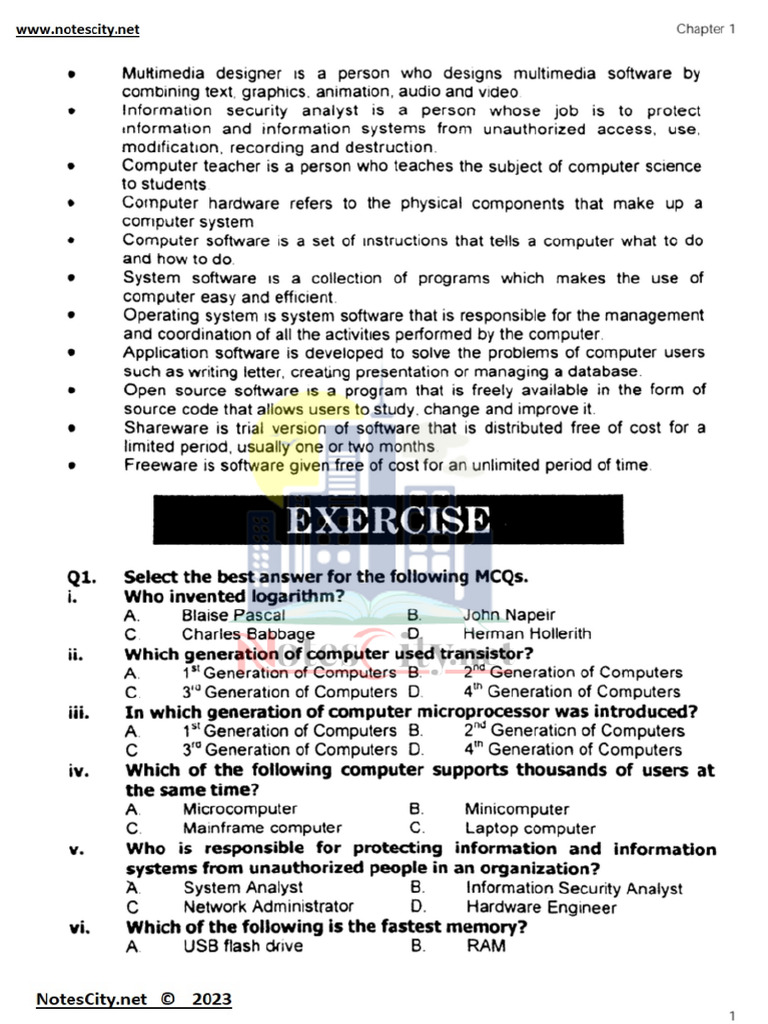 Computer Class 9th Chap 1 Exercise-1 | PDF