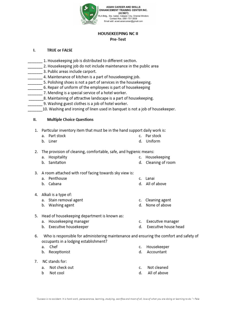Housekeeping Pre-Test | PDF | Housekeeping