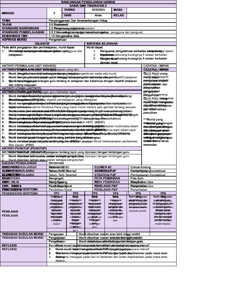 RPH SMK Minggu 2 Sains Tingkatan 2 2024-2025 by Cikgu Gorgeous | PDF