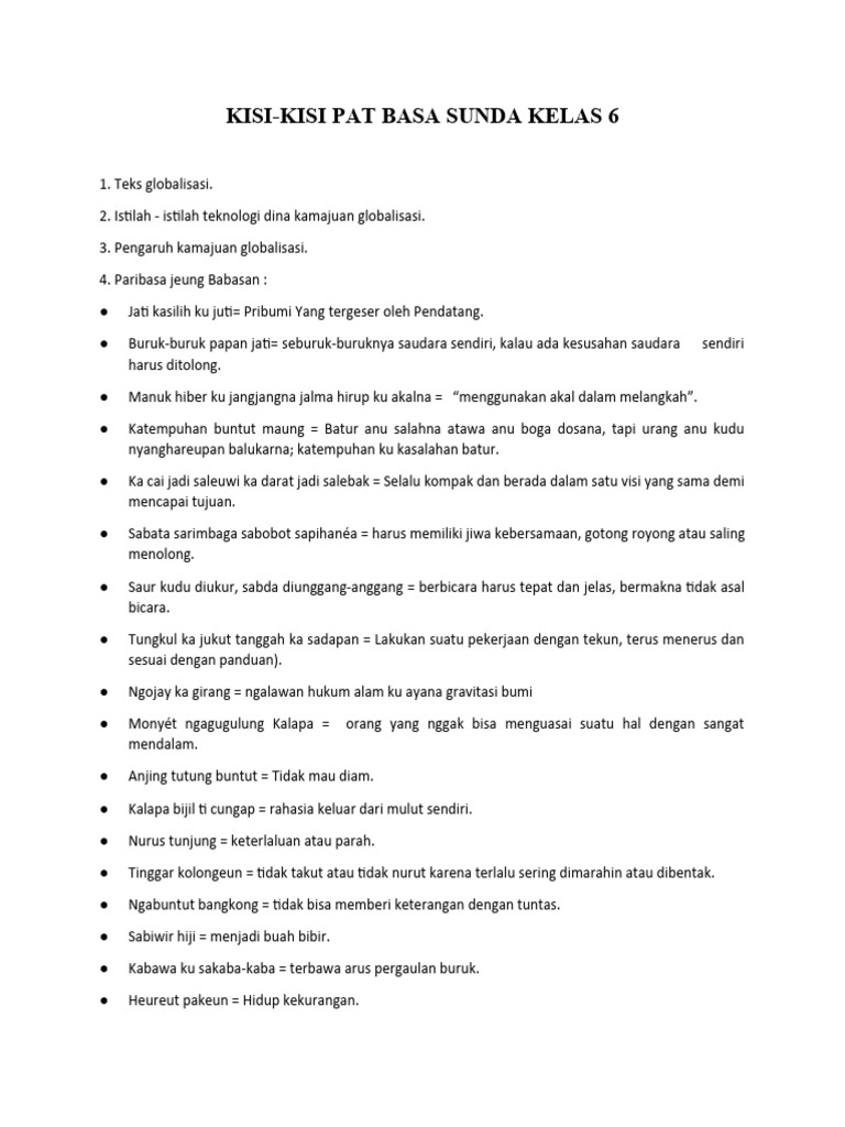 Kisi-Kisi PAT Basa Sunda Kelas 6 | PDF