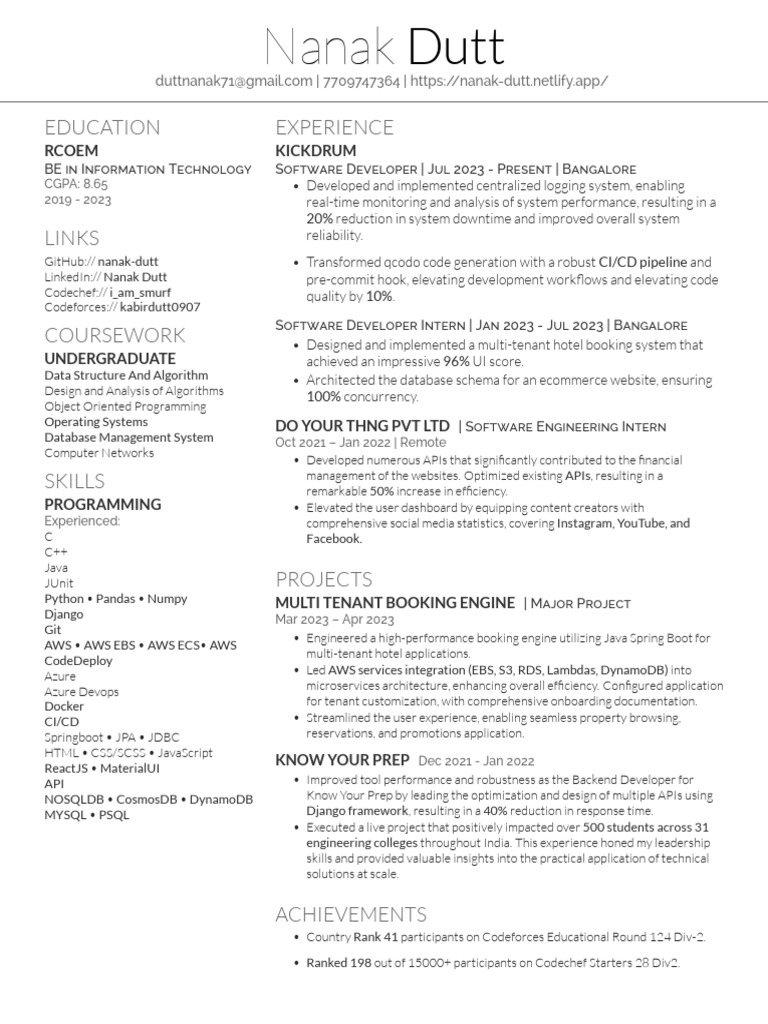 Nanak Dutt Resume Amazon SDE1 | PDF | Amazon Web Services | Databases