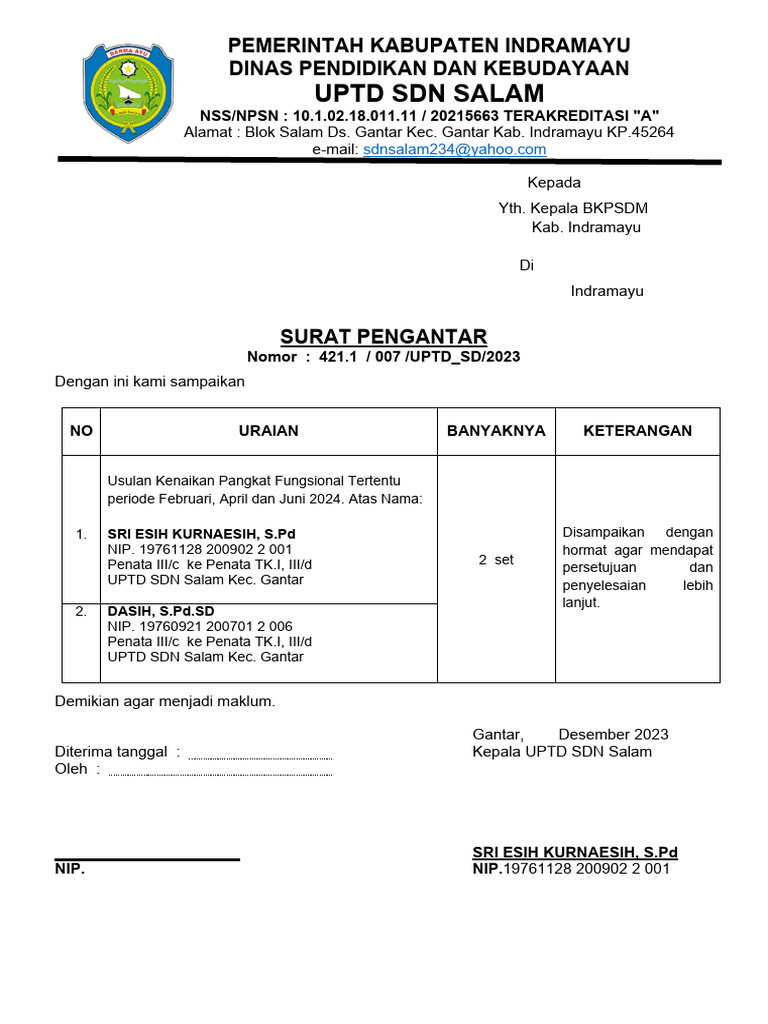 Surat Pengantar - Uptd SDN Salam-1 | PDF