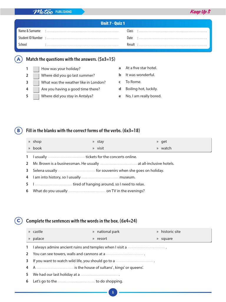 Match The Questions With The Answers. (5x3 15) : Unit 7 - Quiz 1 | PDF