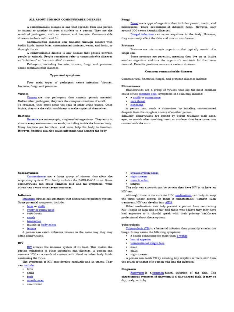 COMMON COMMUNICABLE DISEASES READING MATERIAL | PDF | Infection ...