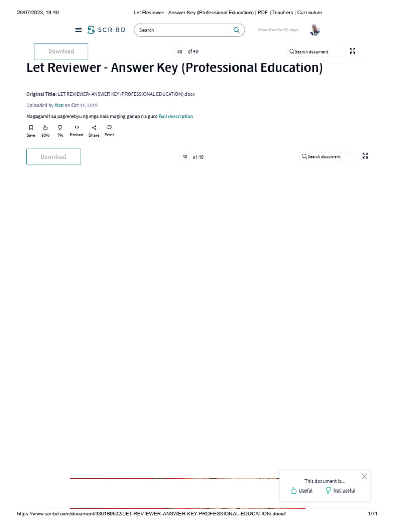 LET Reviewer Answer Key PDF for Teachers | PDF | Learning | Cognitive ...