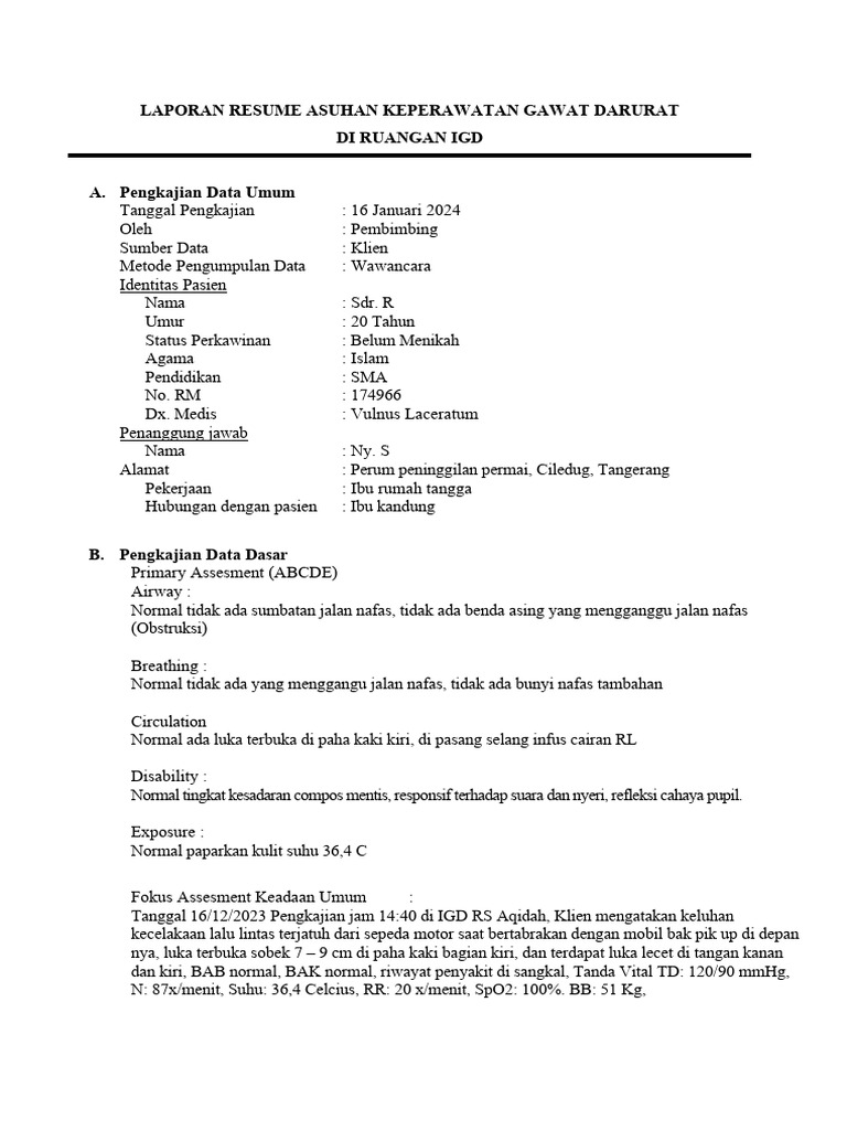 Laporan Resume Asuhan Keperawatan Gawat Darurat Di Ruangan Igd | PDF