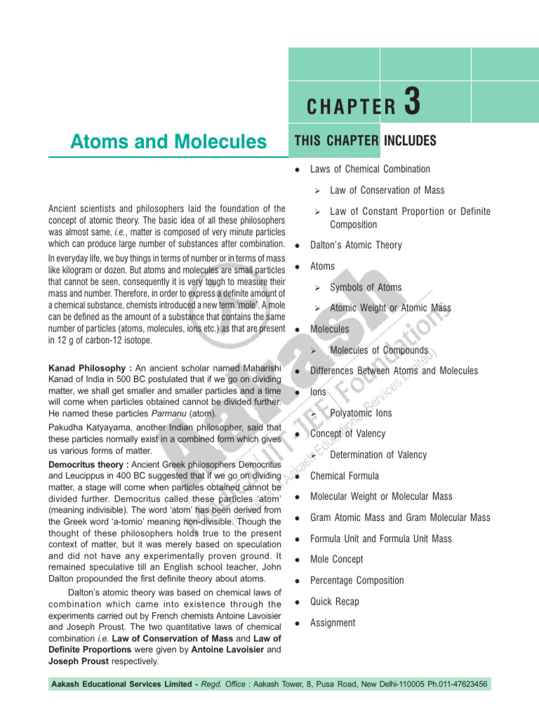 Atoms and Molecules 9 Aakash | PDF | Ion | Chemistry