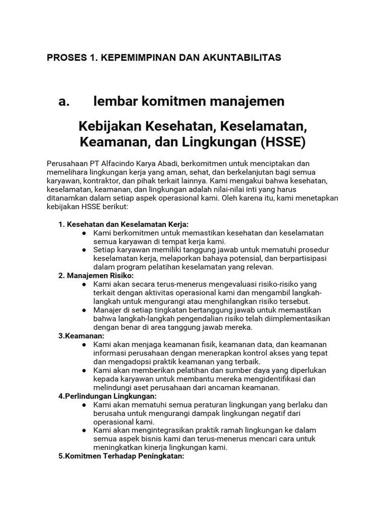 Kebijakan HSSE PT Alfacindo | PDF