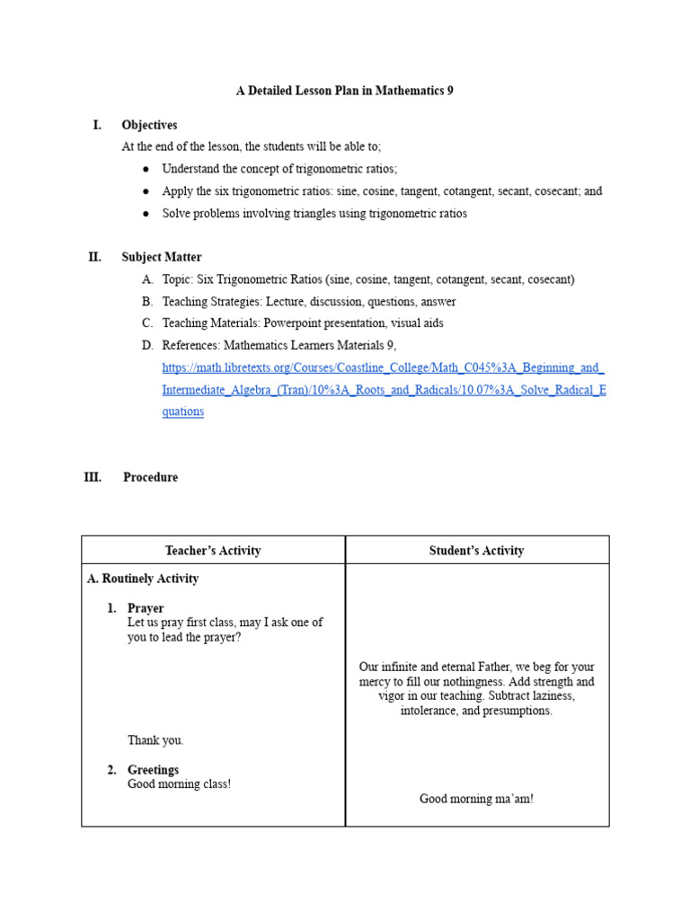A Detailed Lesson Plan in Mathematics 9 Six Trigonometric Functions2 ...