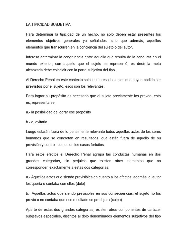La Tipicidad Subjetiva | PDF | Intención (Derecho Penal) | Derecho penal