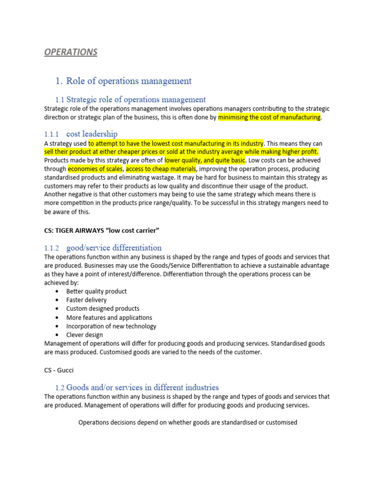 Operations Notes | PDF | Outsourcing | Supply Chain