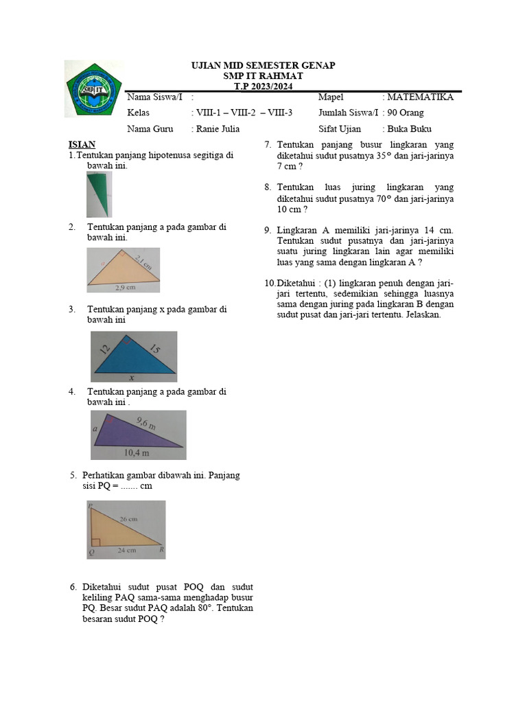 Ujian Mid Semester Genap Matematika Kelas Viii | PDF | Kajian Bahasa Asing