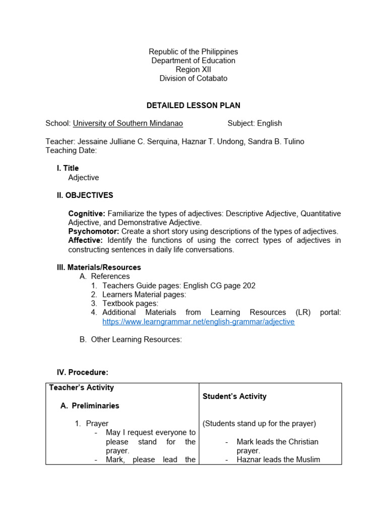 English Adjectives Lesson Plan | PDF | Noun | Adjective