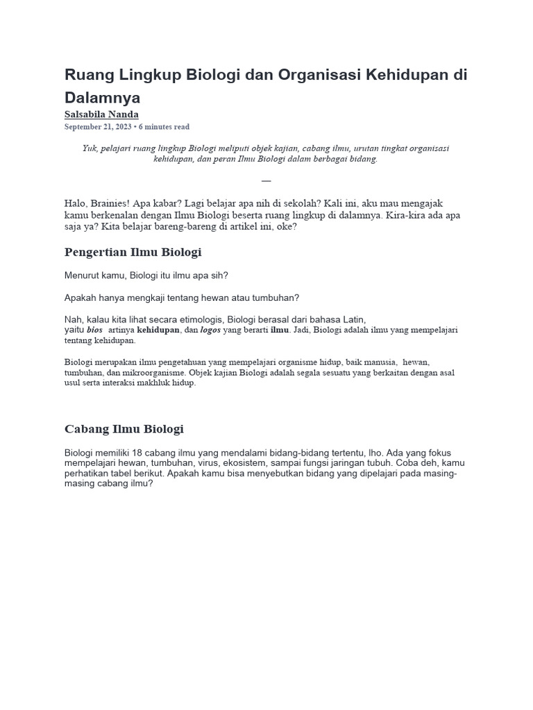 Ruang Lingkup Biologi Dan Organisasi Kehidupan Di Dalamnya Bio Bab 3 | PDF